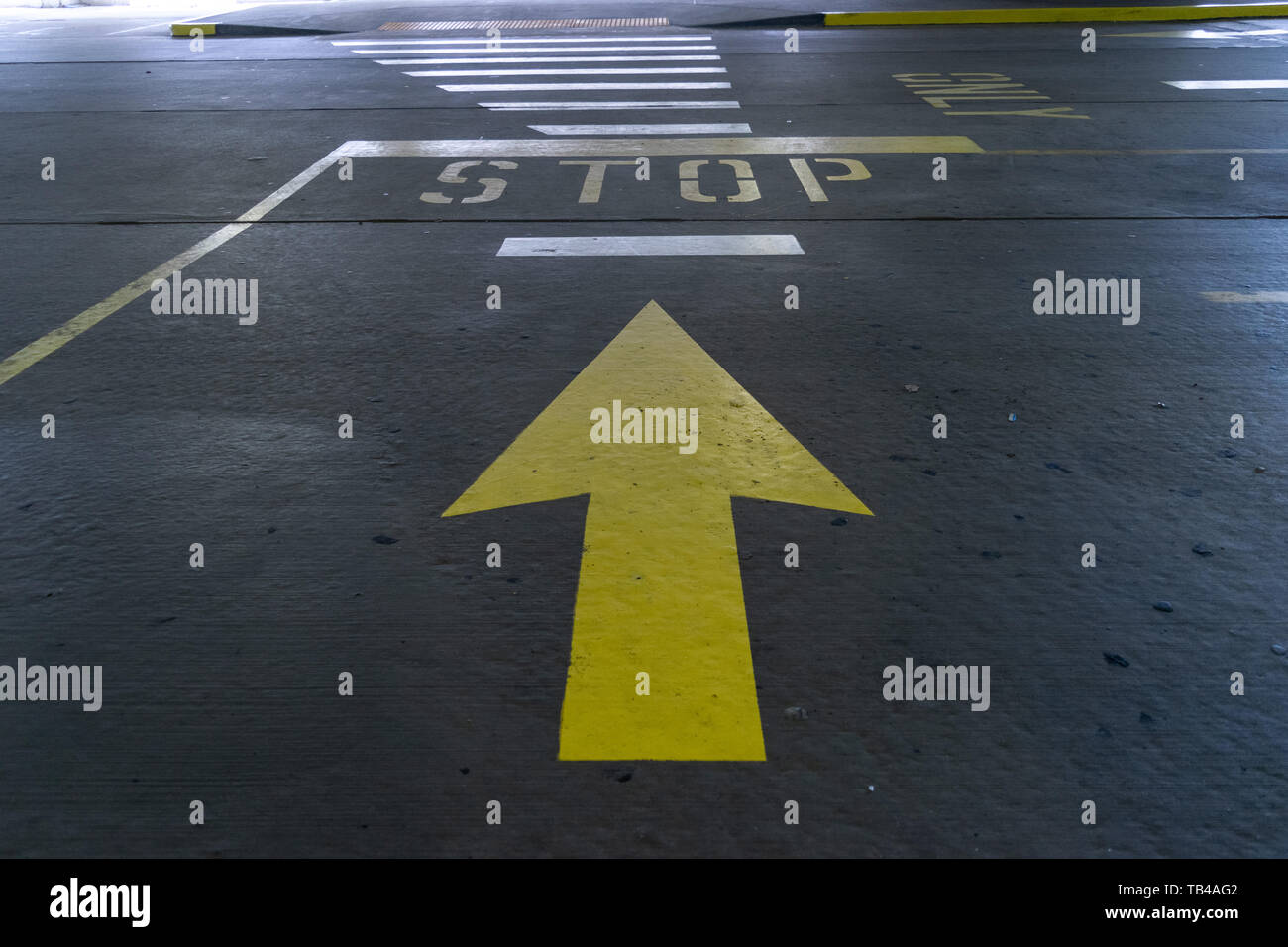 Big yellow arrow street markings pointing toward a stop sign Stock ...