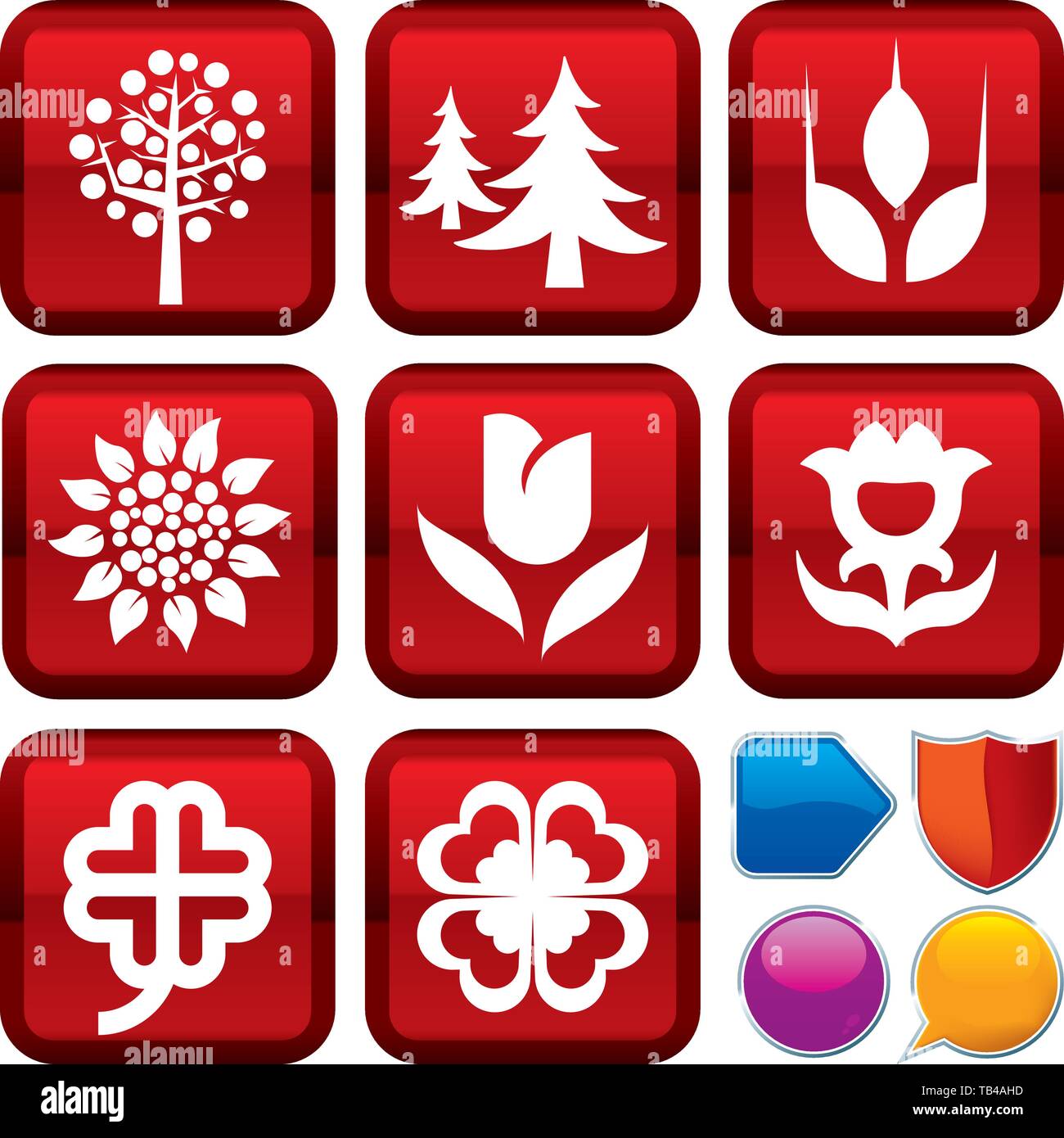 Vector illustration. Set of plant icons on square buttons. Geometric ...