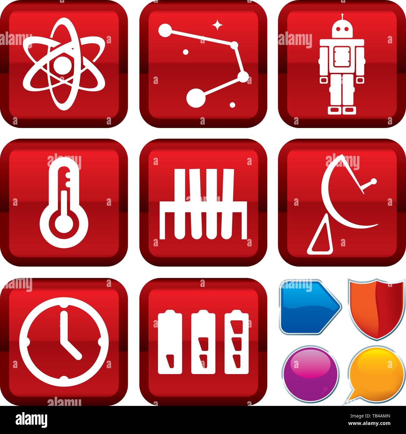 Vector illustration. Set of science icons on square buttons. Geometric ...