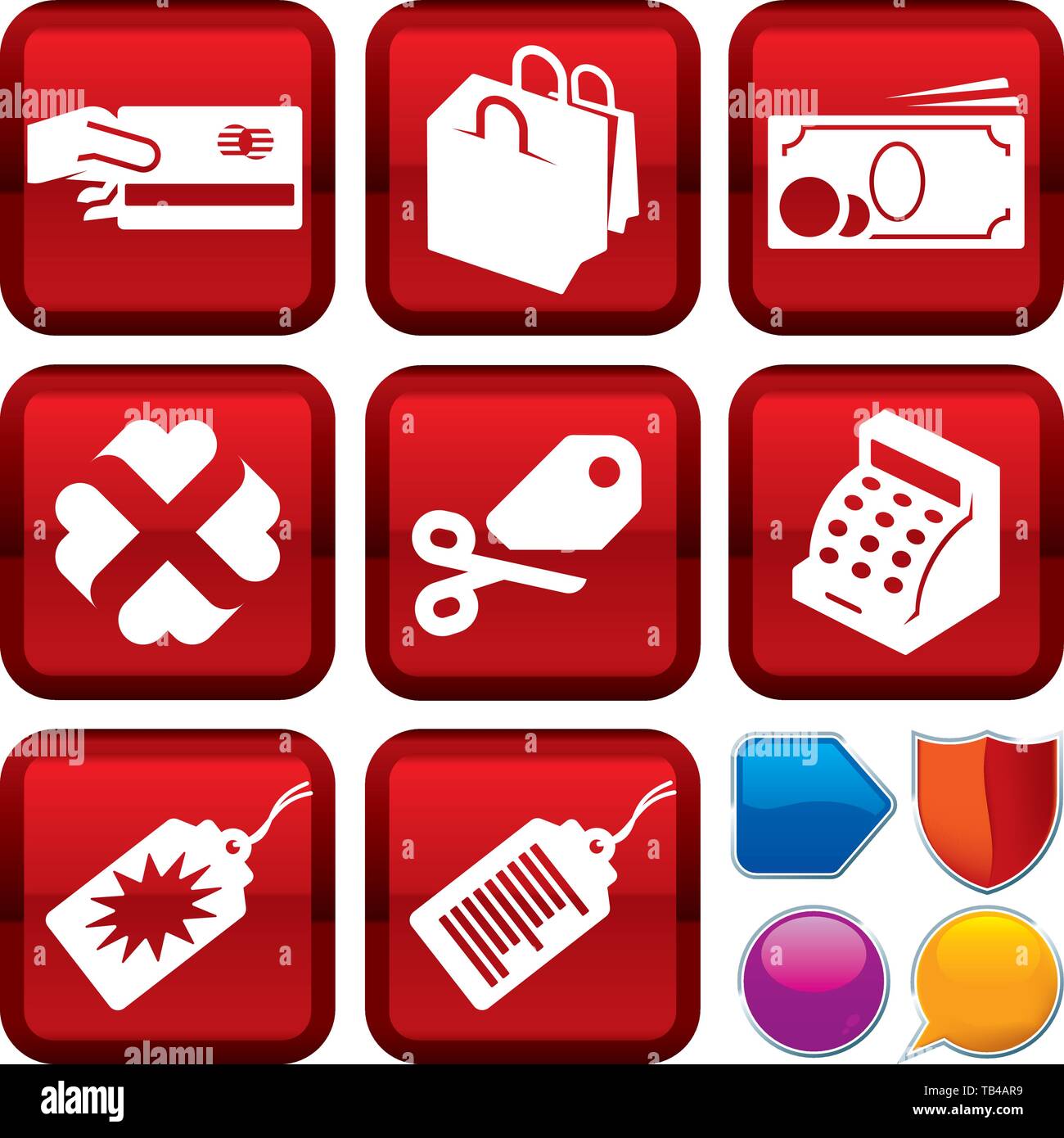 Vector illustration. Set of shopping icons on square buttons. Geometric ...