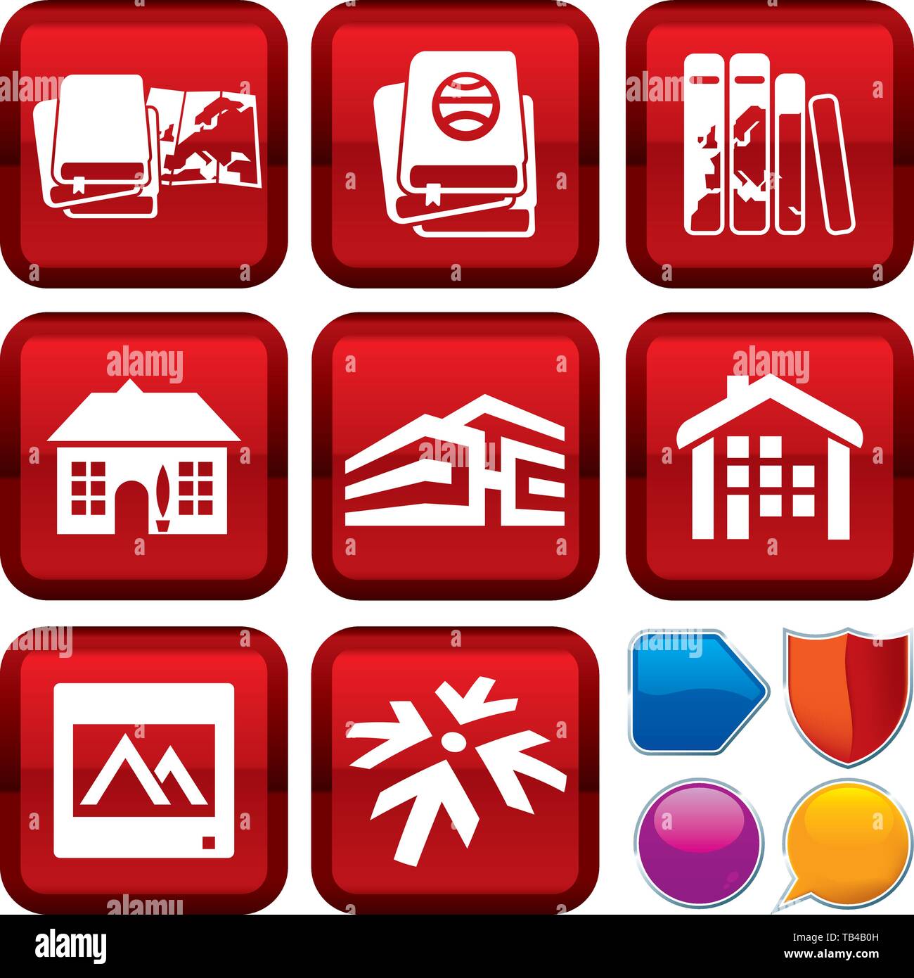 Vector illustration. Set of travel icons on square buttons. Geometric ...
