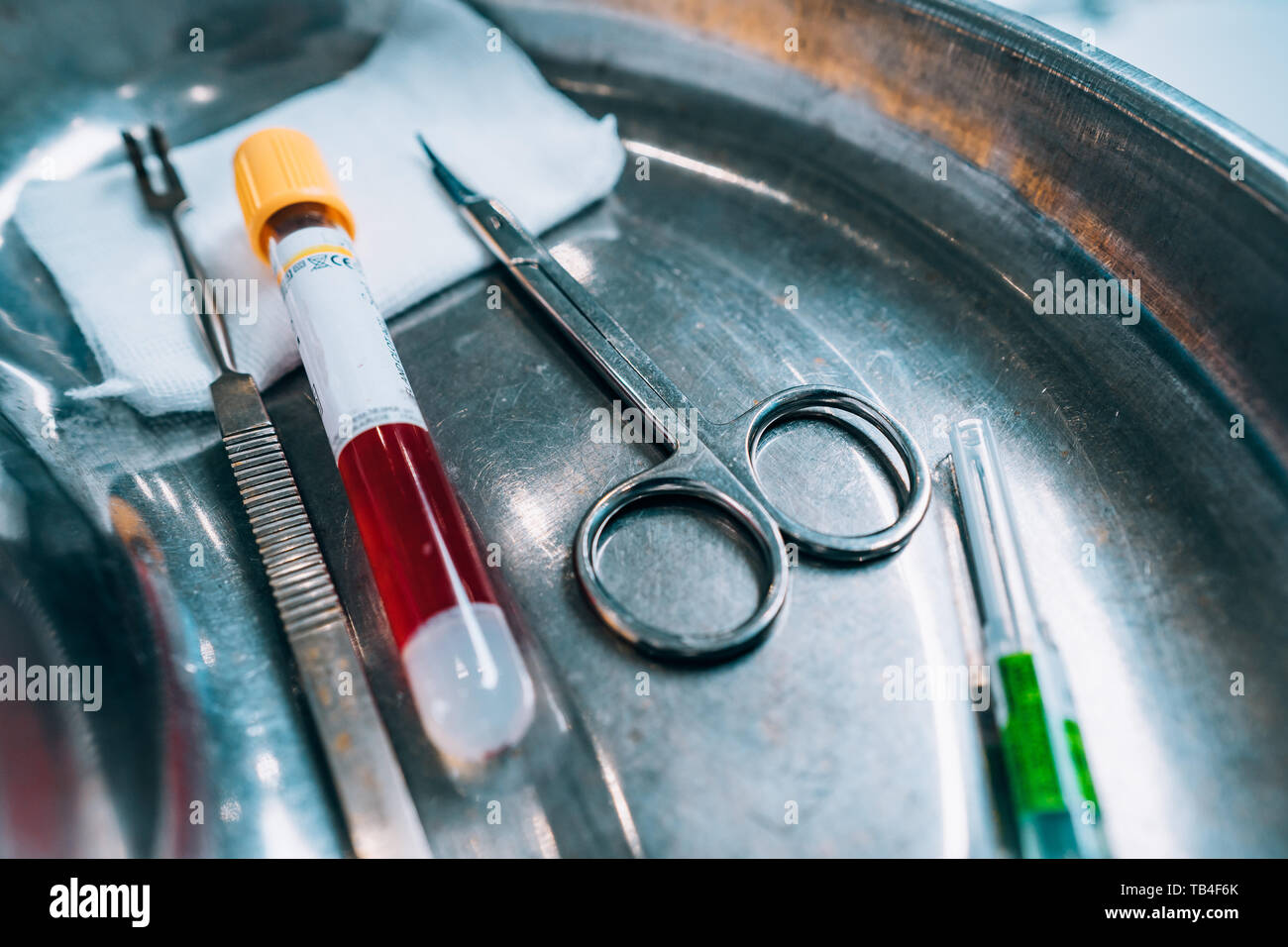 Surgical tray with medical equipment for blood taking, close view Stock ...