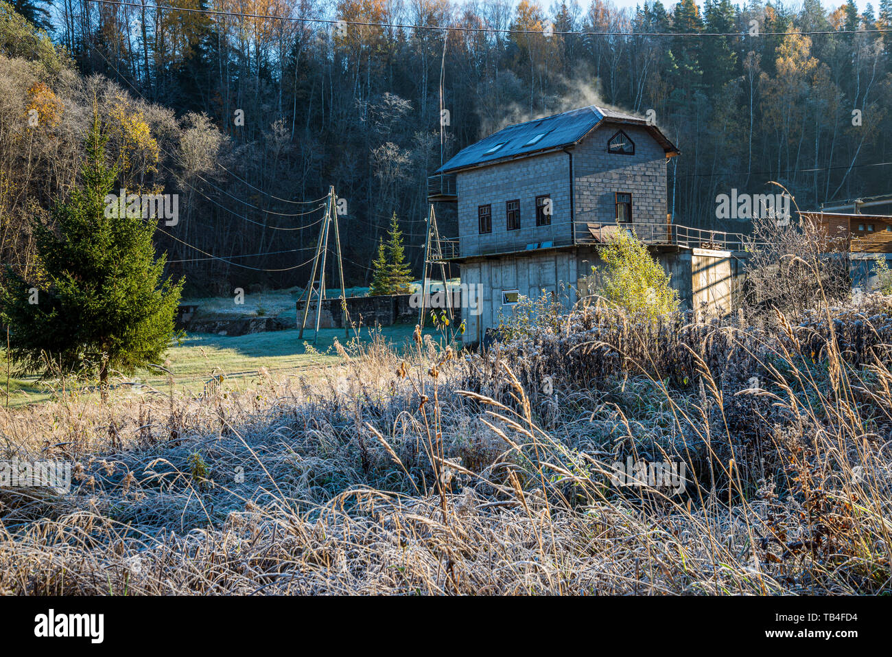 old wooden plank building structure in countryside. loneliness and ...