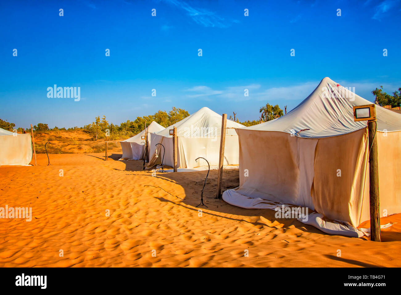 White tents in the camp of the desert Lompoul, Senegal, Africa. There ...