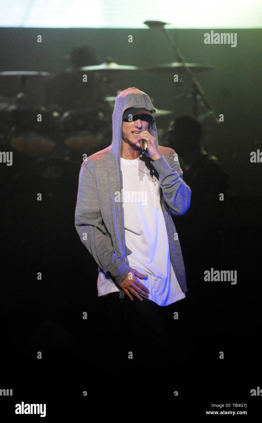 Rapper Eminem performs on-stage at the launch of 'DJ Hero' at the ...