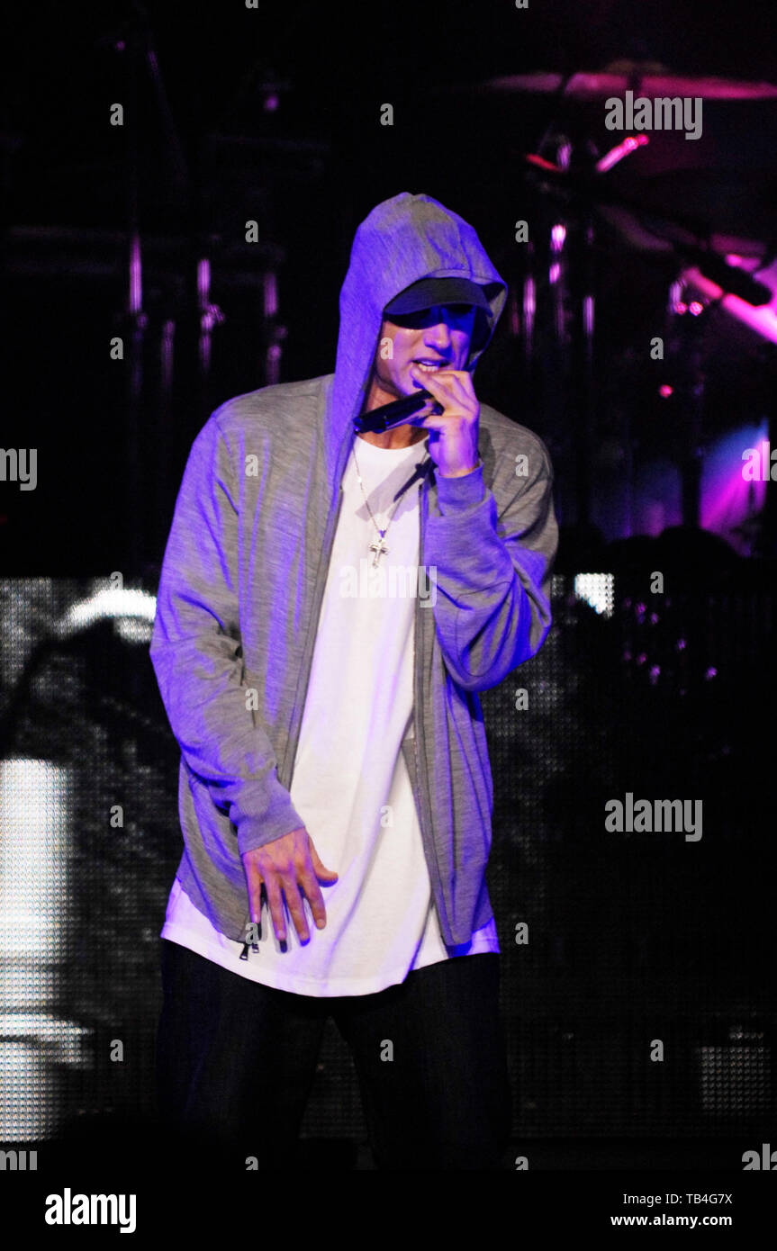 Rapper Eminem performs on-stage at the launch of 'DJ Hero' at the ...