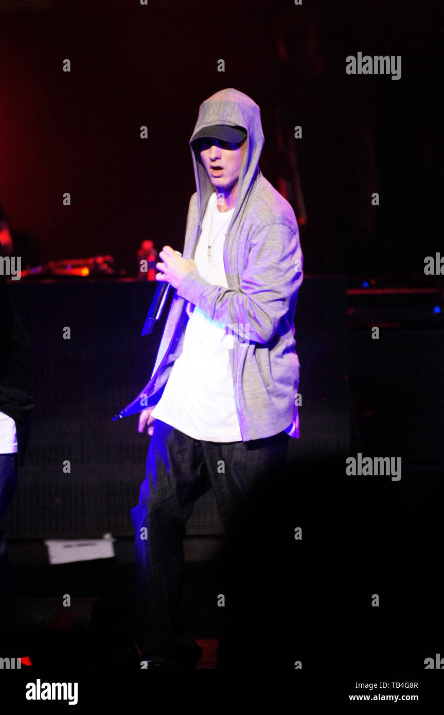 Rapper Eminem performs on-stage at the launch of 'DJ Hero' at the ...