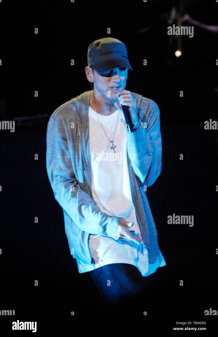Rapper Eminem performs on-stage at the launch of 'DJ Hero' at the ...
