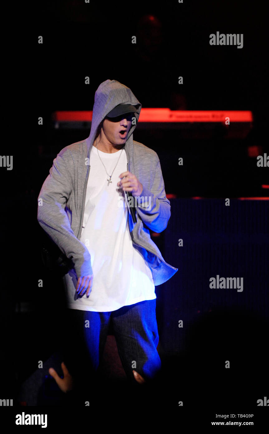 Rapper Eminem performs on-stage at the launch of 'DJ Hero' at the ...