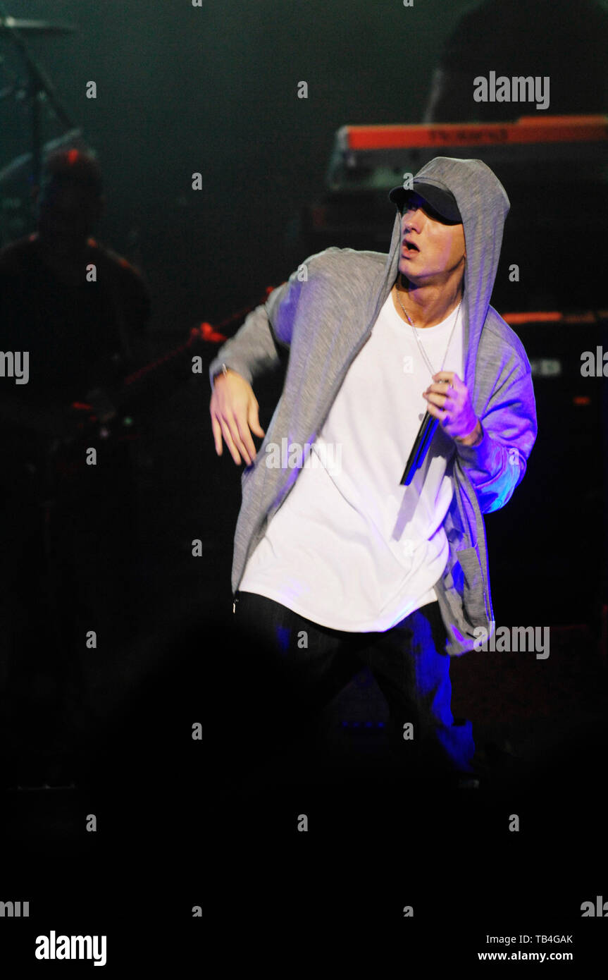 Rapper Eminem performs on-stage at the launch of 'DJ Hero' at the ...