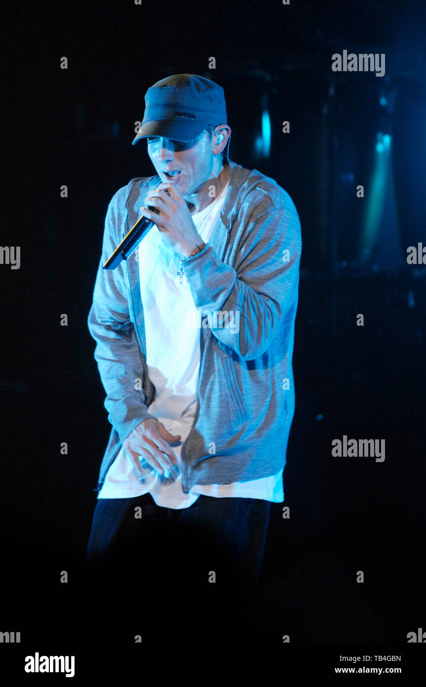 Rapper Eminem performs on-stage at the launch of 'DJ Hero' at the ...