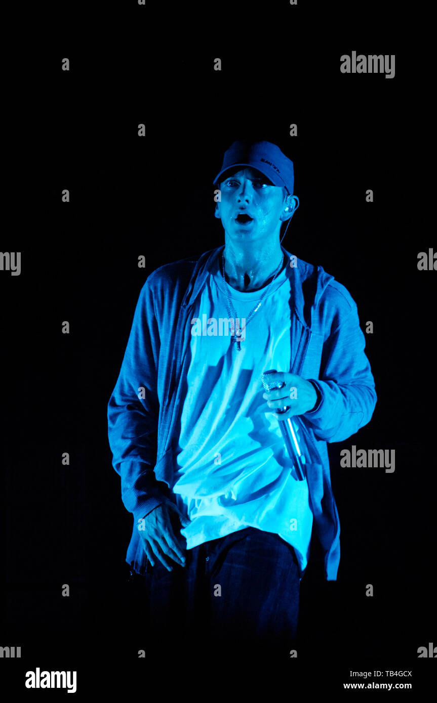 Rapper Eminem performs on-stage at the launch of 'DJ Hero' at the ...