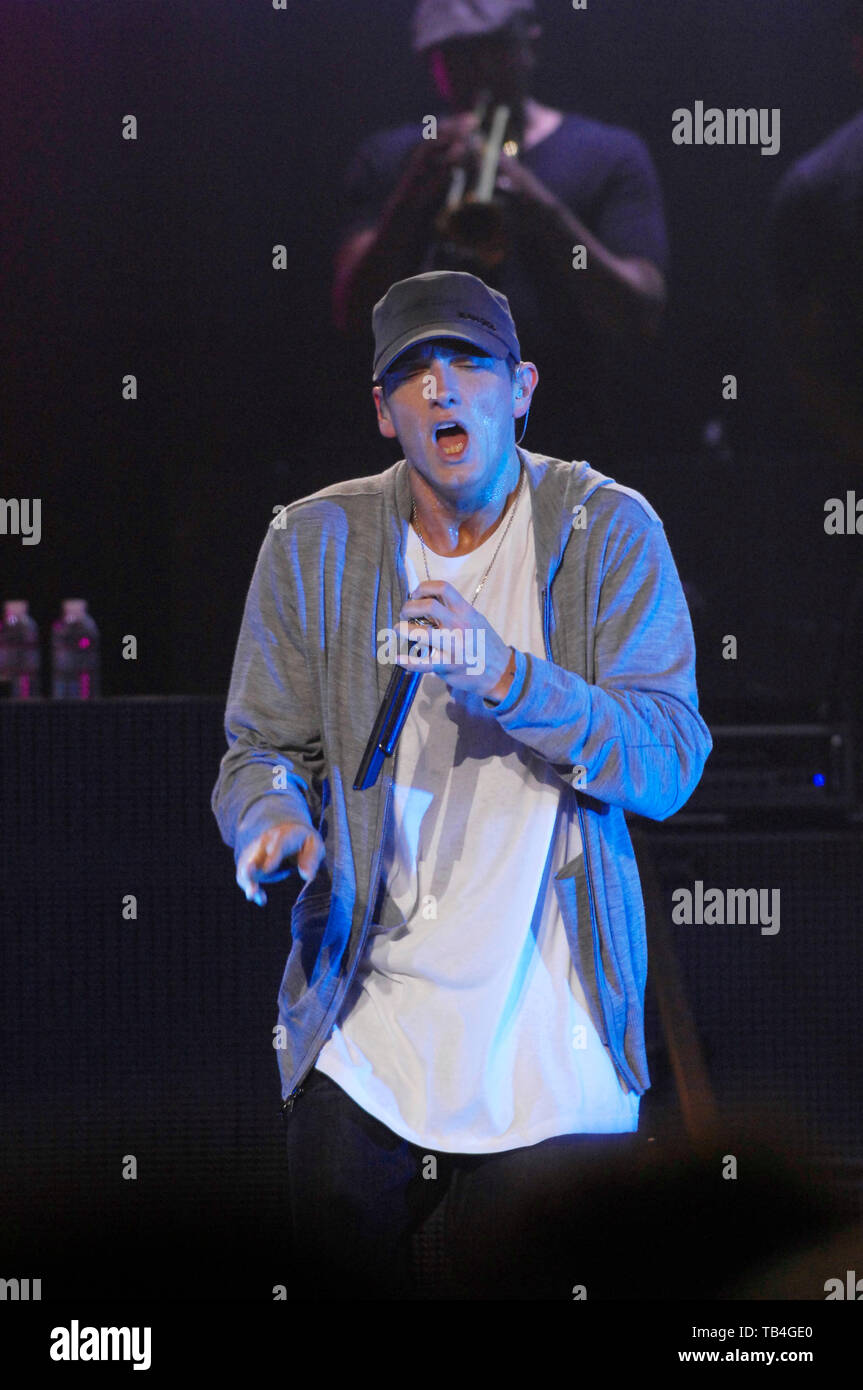 Rapper Eminem performs on-stage at the launch of 'DJ Hero' at the ...