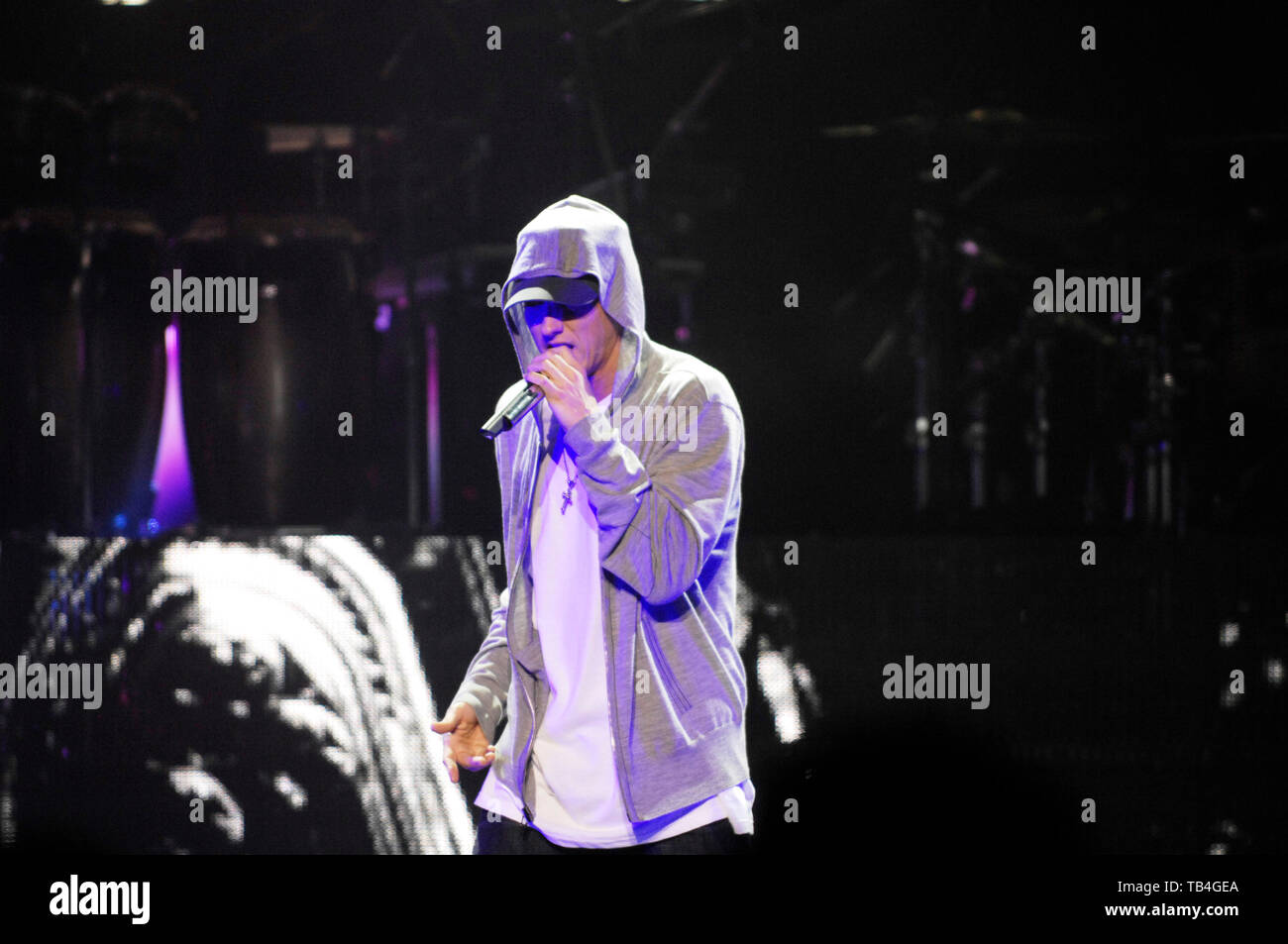 Rapper Eminem performs on-stage at the launch of 'DJ Hero' at the ...