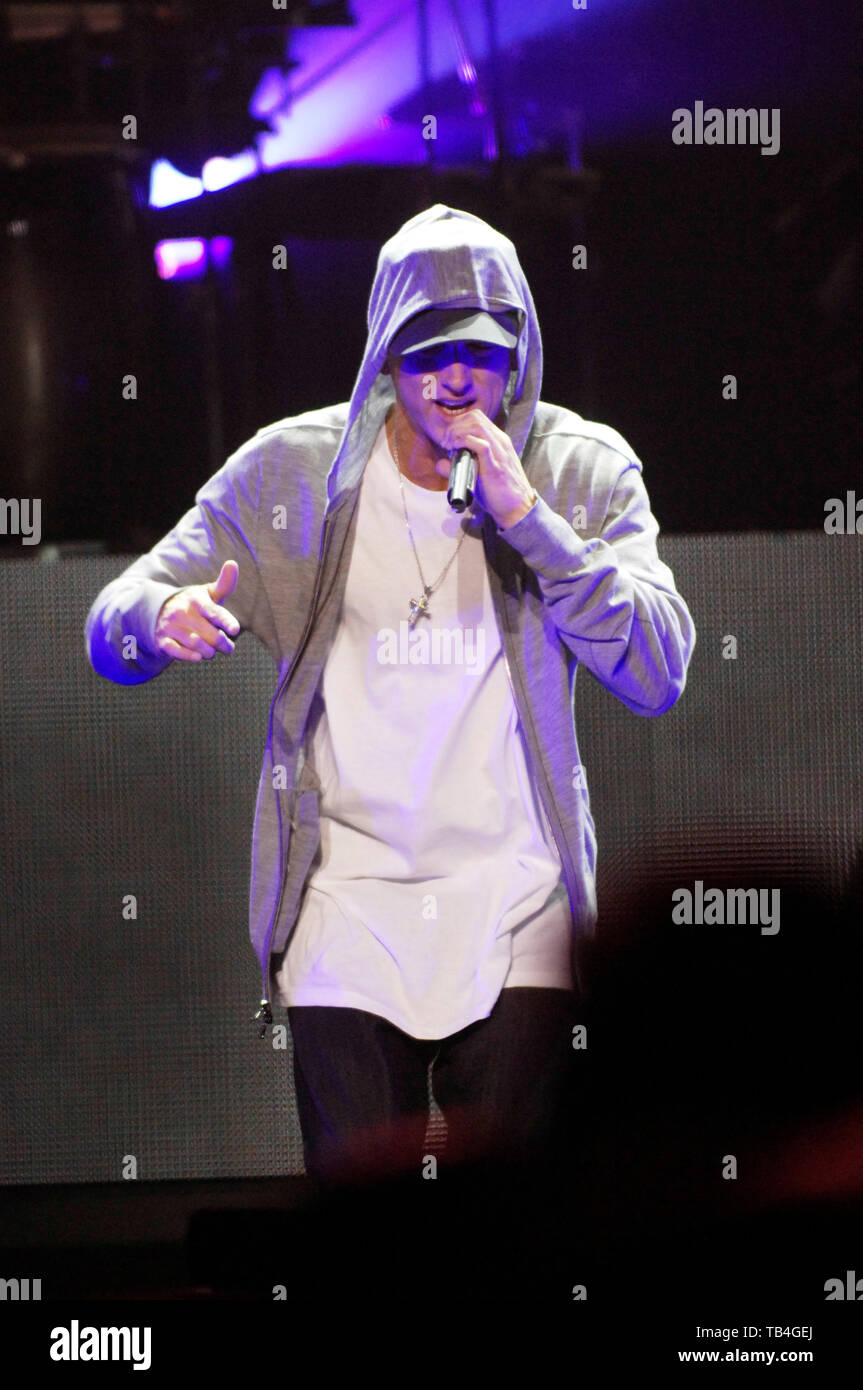Rapper Eminem performs on-stage at the launch of 'DJ Hero' at the ...