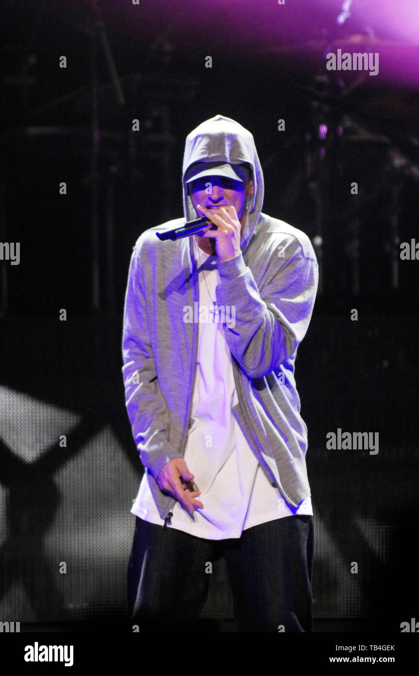 Rapper Eminem performs on-stage at the launch of 'DJ Hero' at the ...