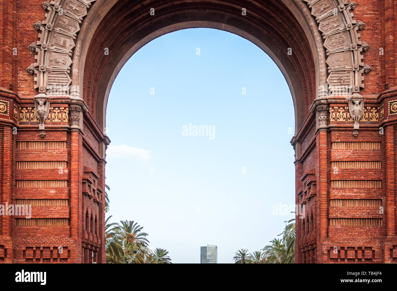 Architectural close-up on the center of the monumental red brick Arch ...