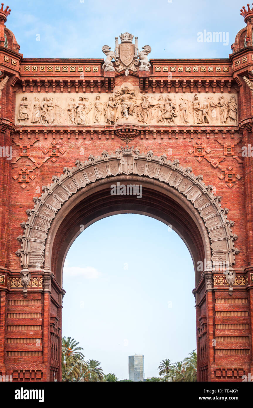 Architectural close-up on the center of the red brick Arch of Barcelona ...