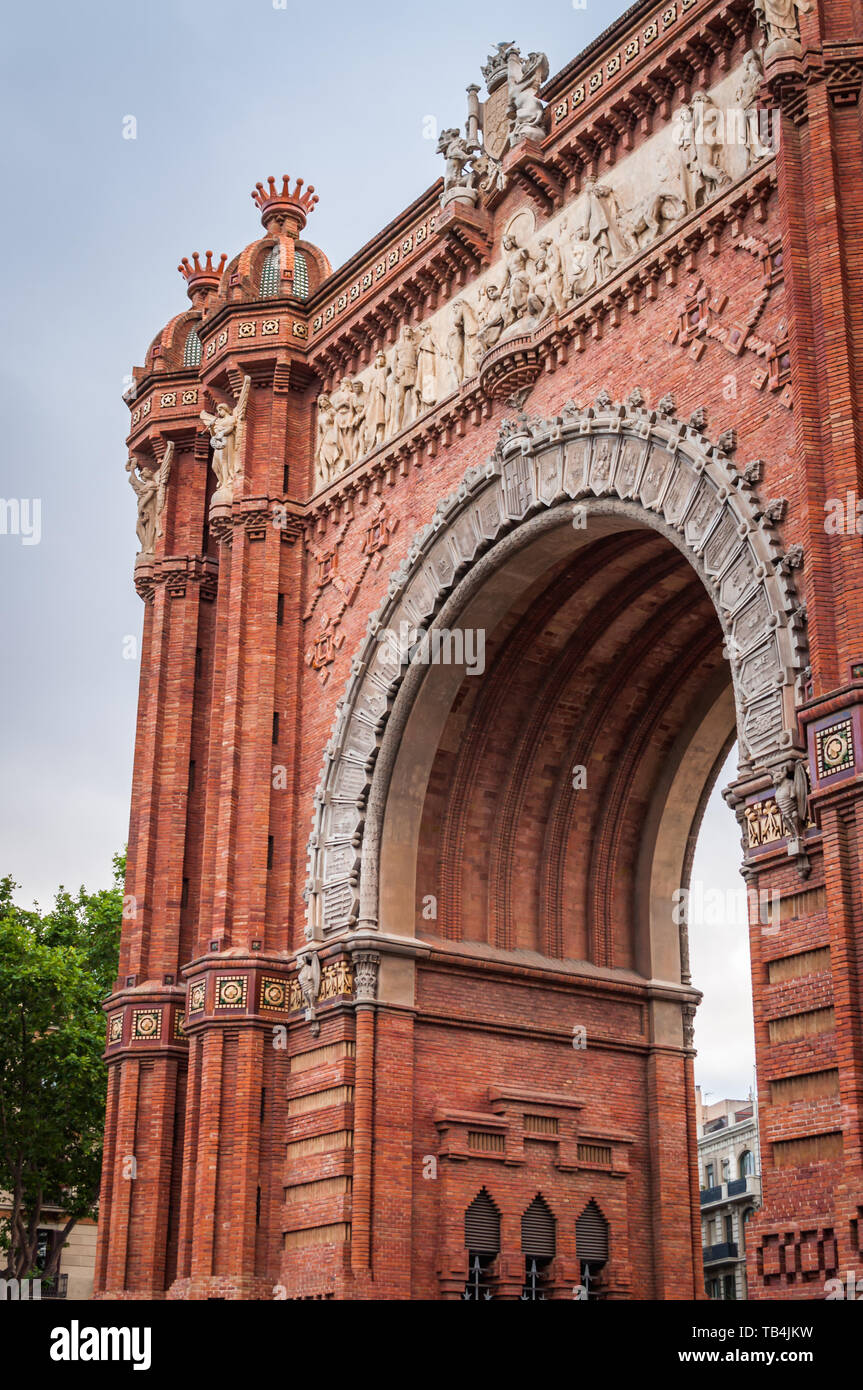 Side Architectural Close-up of Monumental Red Brick Arch in Barcelona ...