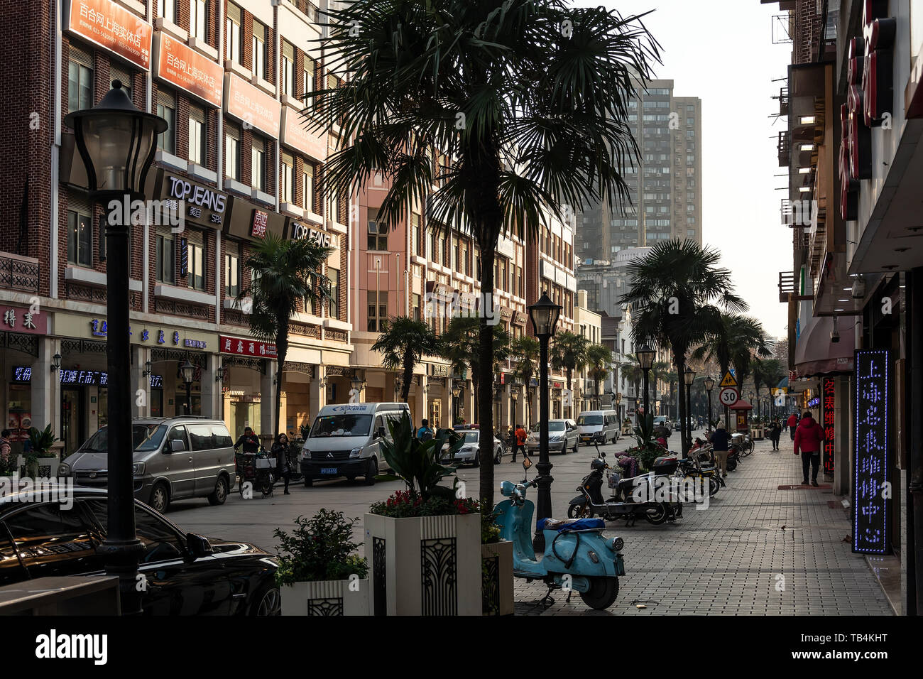 Evening Street Scene in Shanghai China with Houses and Shops Stock ...