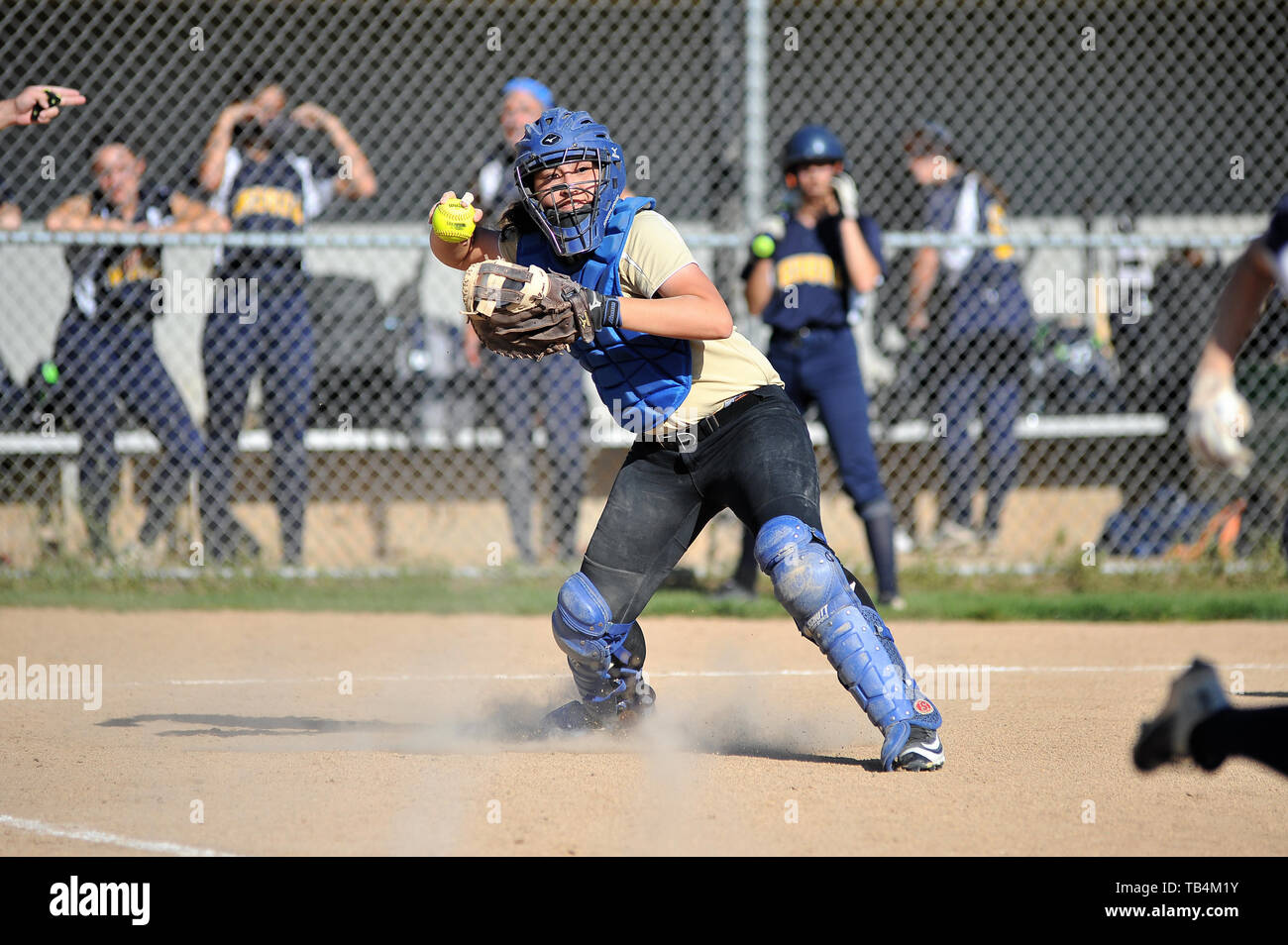 Catcher fielding a bunt in front of home plate and throwing to first ...