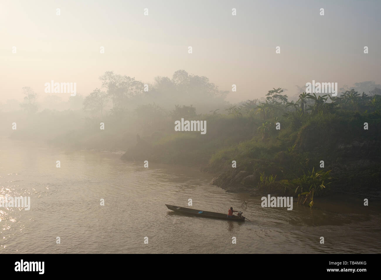 Misty morning in the Ucayali River seen from the ferry Iquitos-Pucallpa ...
