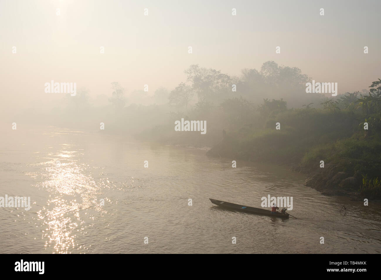 Misty morning in the Ucayali River seen from the ferry Iquitos-Pucallpa ...