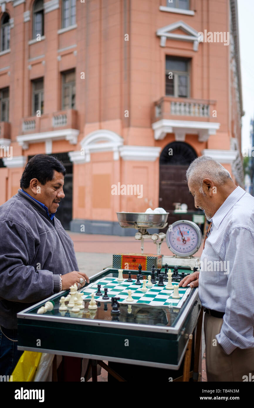 Men playing chess in the streets of the Historic Center of Lima, Peru ...