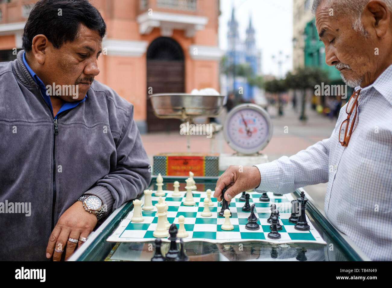 Men playing chess in the streets of the Historic Center of Lima, Peru ...