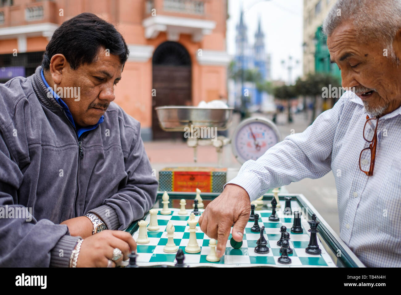 Men playing chess in the streets of the Historic Center of Lima, Peru ...