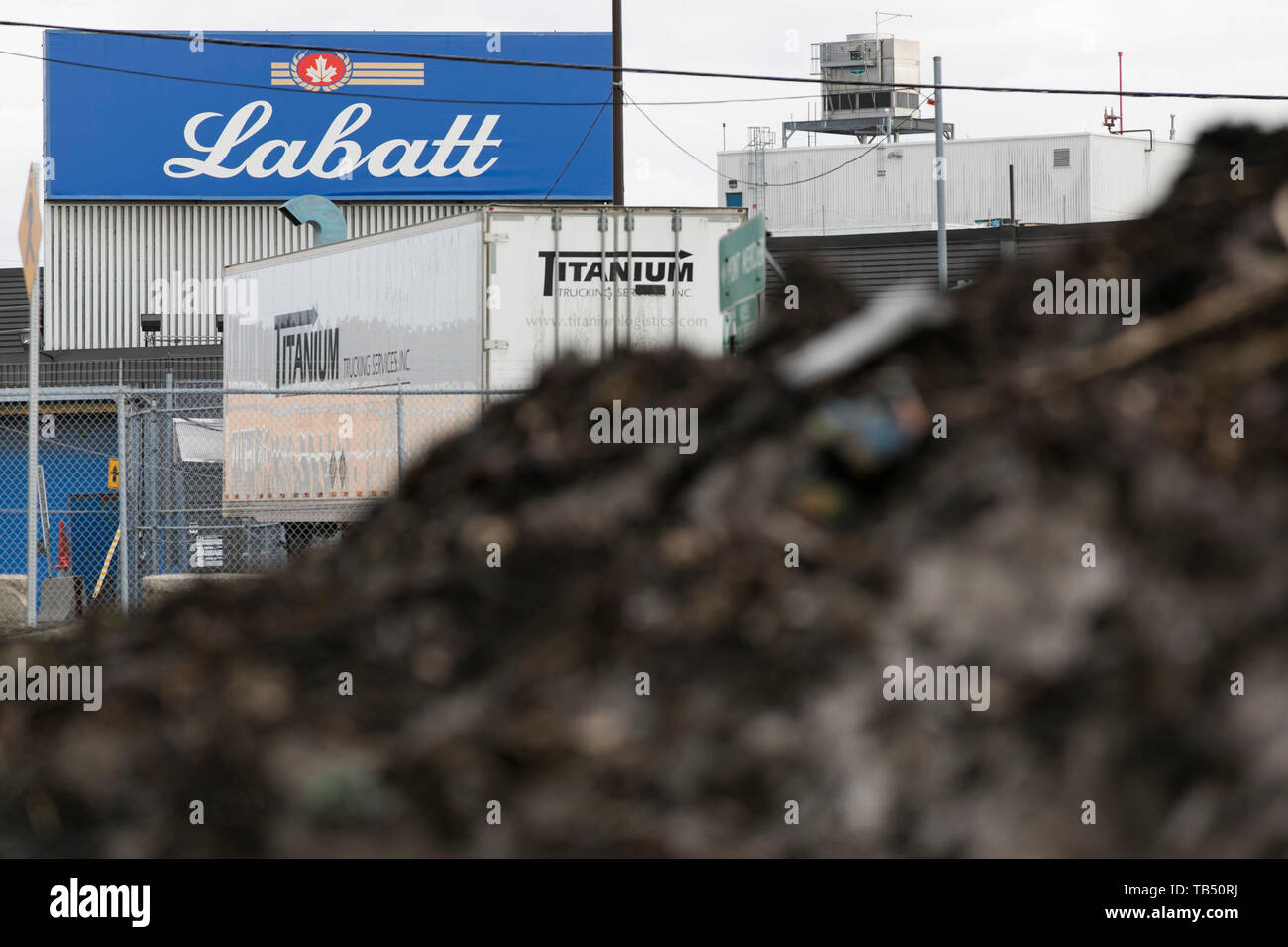 A logo sign outside of a Labatt Brewing Company brewery in LaSalle ...