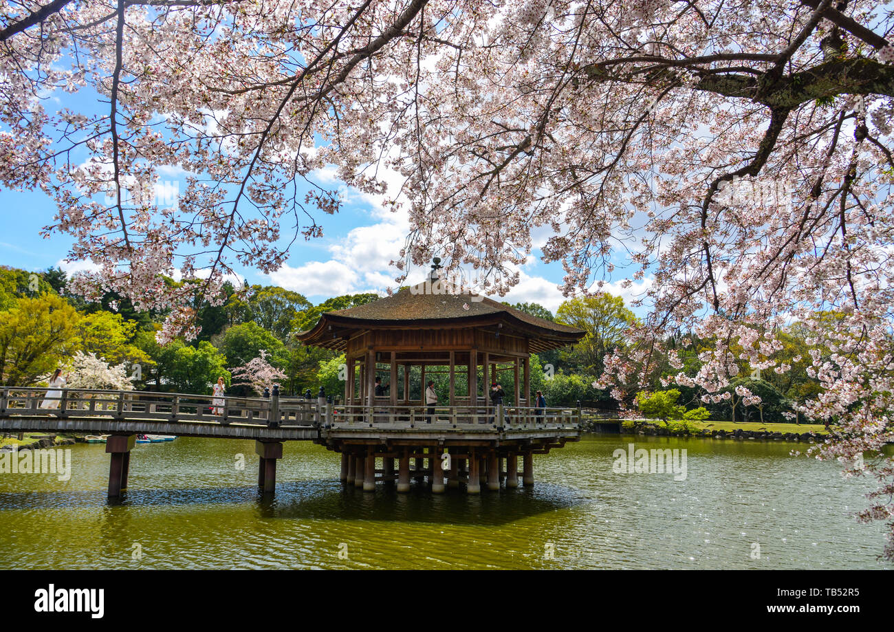 Nara, Japan - Apr 11, 2019. Sagi-ike Pond with the Ukimido Gazebo ...