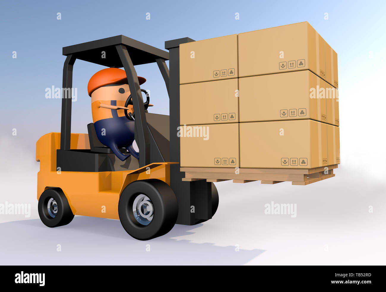 3D cartoon driving forklift to carry the brown paper card box stack on ...