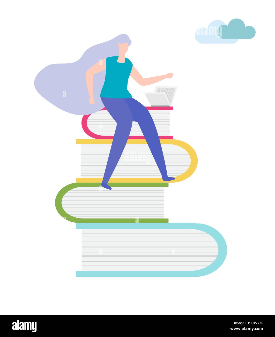 Vector illustration with woman and books. Young female reader, stack of ...