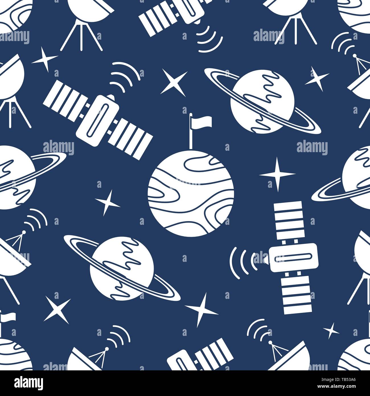 Seamless vector pattern with planets, Saturn, stars, orbital station, radar. Space exploration ...