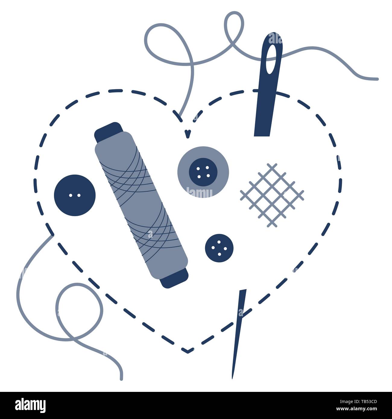 Vector illustration with heart stitches, needle with thread, buttons ...