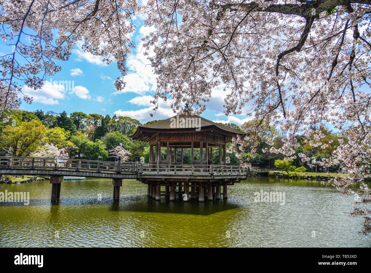 Nara, Japan - Apr 11, 2019. Sagi-ike Pond with the Ukimido Gazebo ...