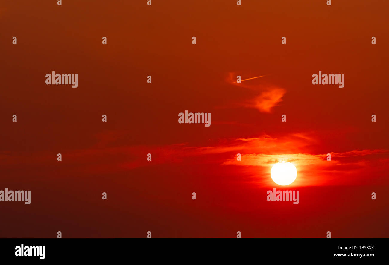 Beautiful red sun at sunset. Red sunset sky. The sun is obscured by ...