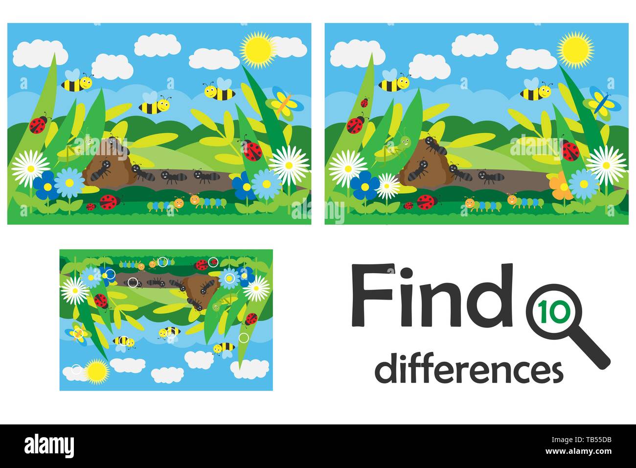Find 10 differences, game for children, insects in cartoon style ...