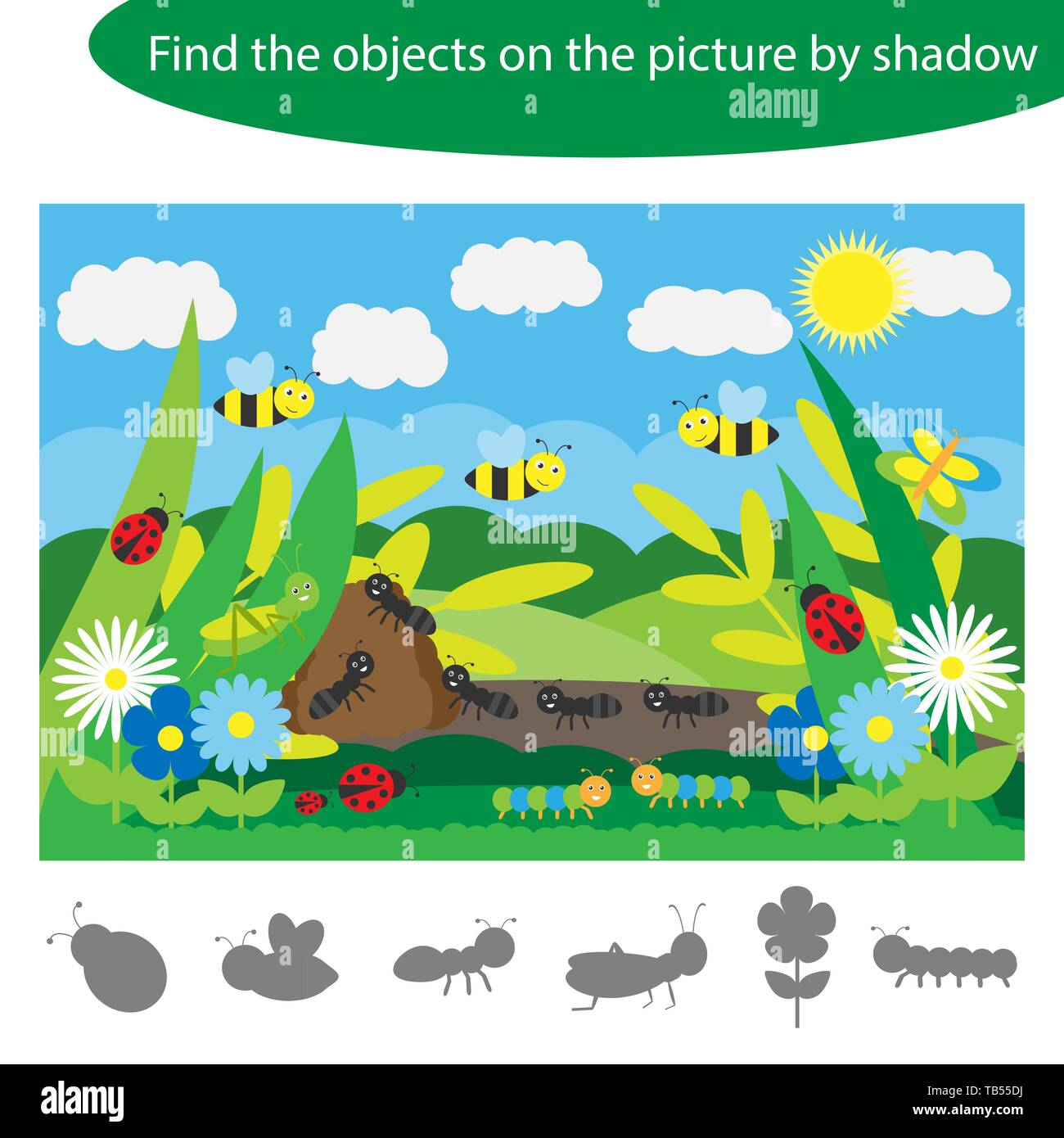 Find the objects by shadow, game with insects for children in cartoon ...