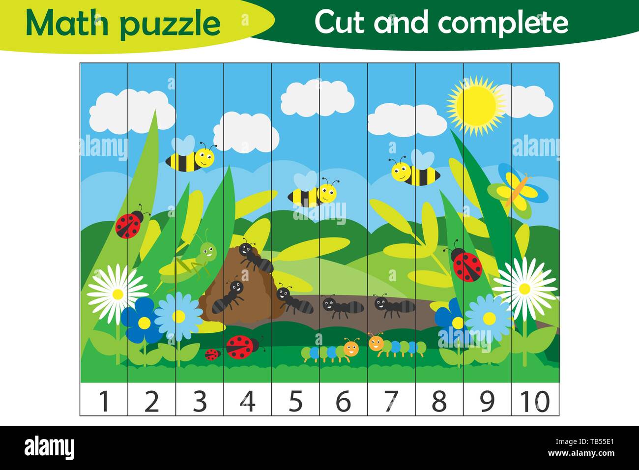 Math puzzle, glade with insects in cartoon style, education game for ...
