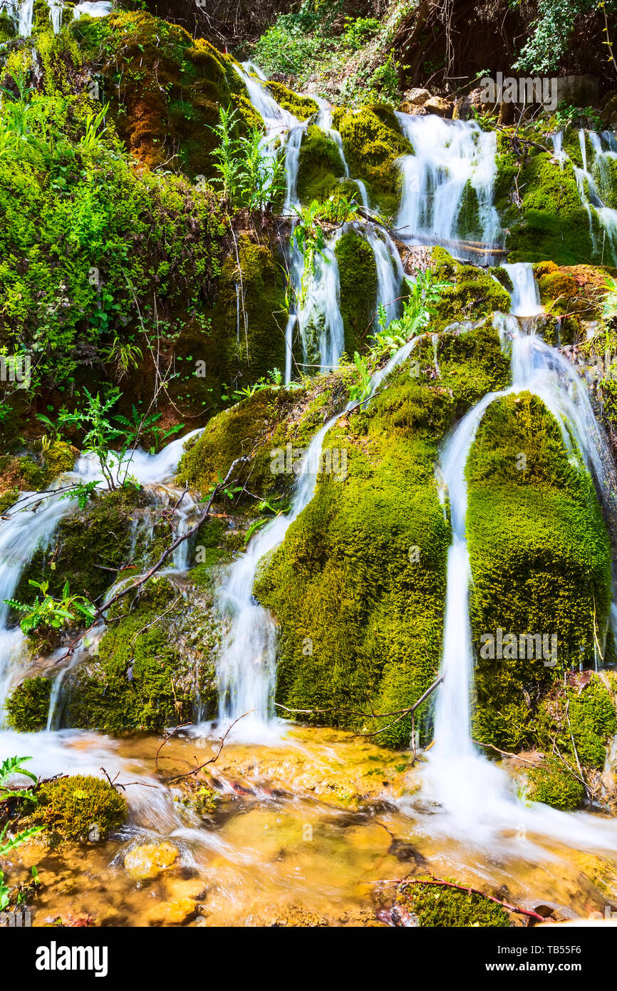 Beautiful waterfall cascade in the forest, spring nature background ...
