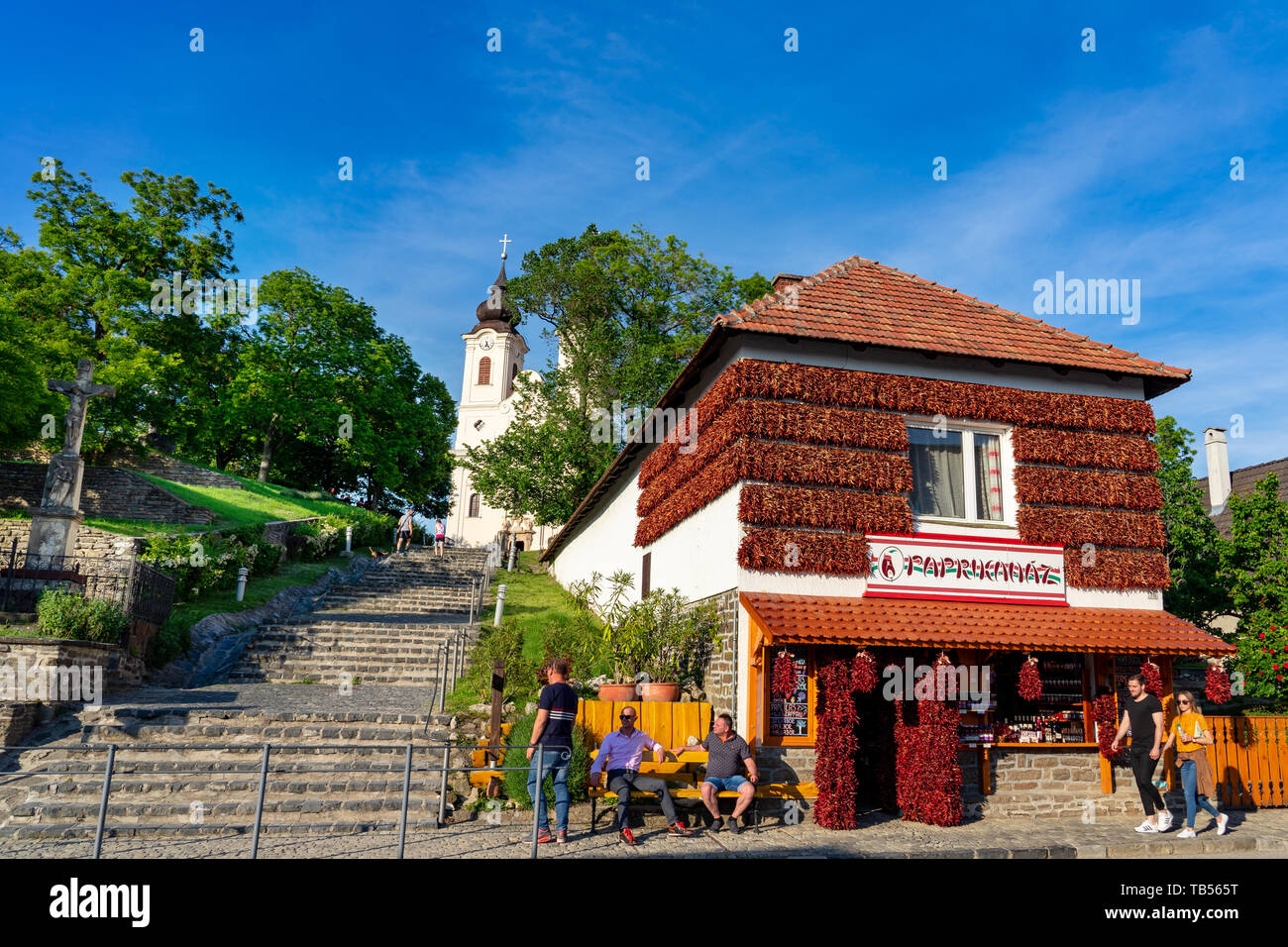TIHANY, HUNGARY - 25.05. 2018: Dried paprika on the wall of a House ...