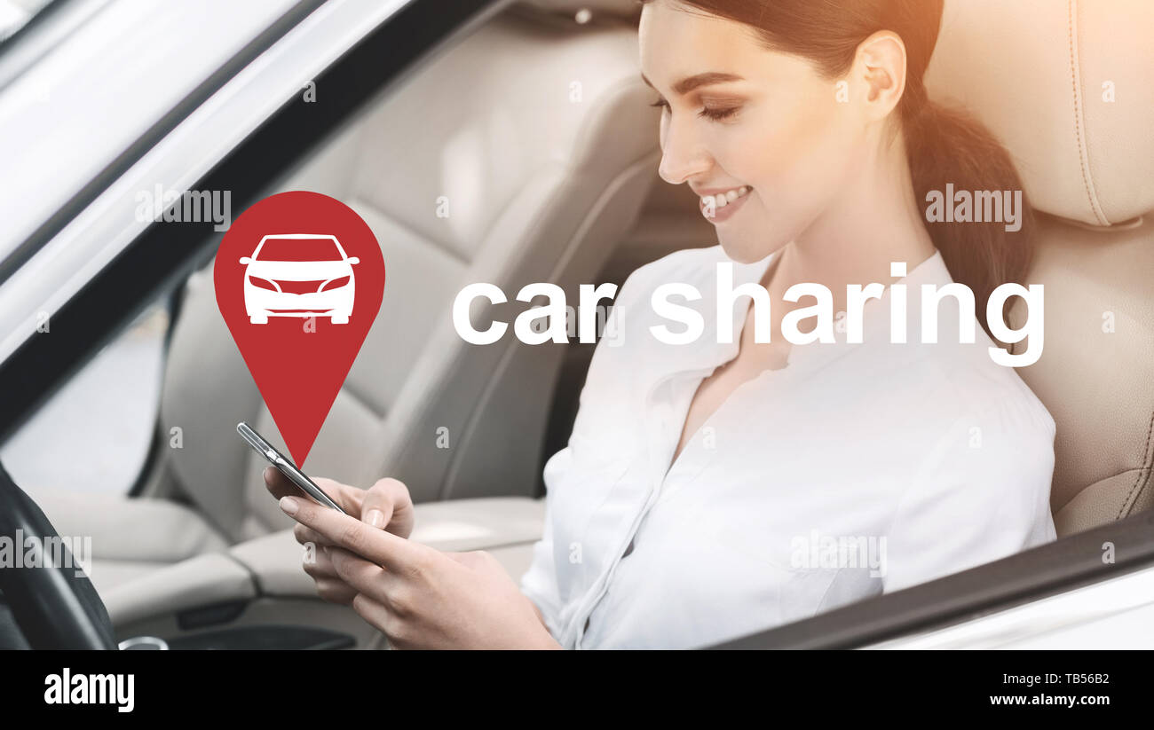 Sharing economy. Business woman using car sharing mobile application ...