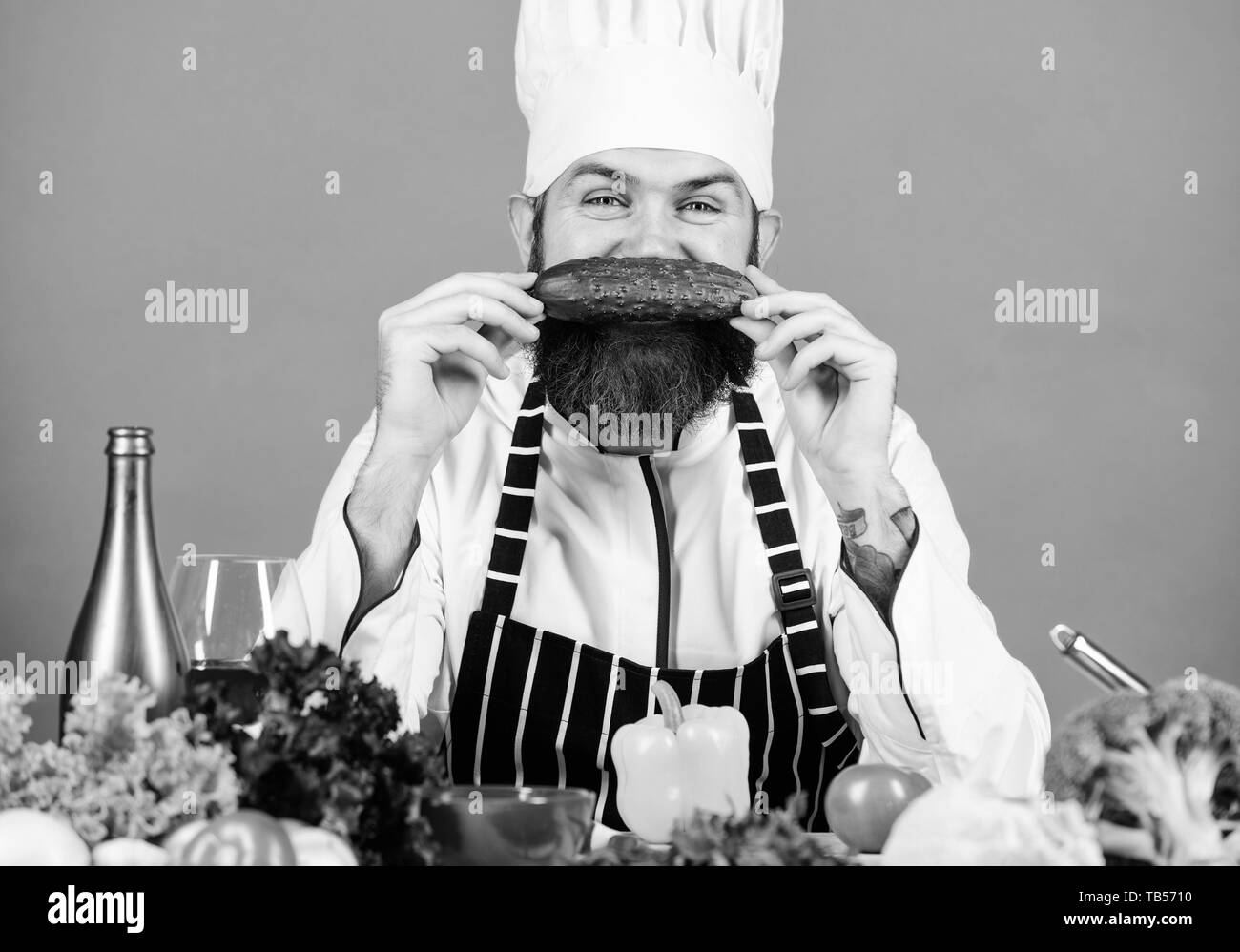 My favourite food. Bearded man cook in kitchen, culinary. Healthy food ...