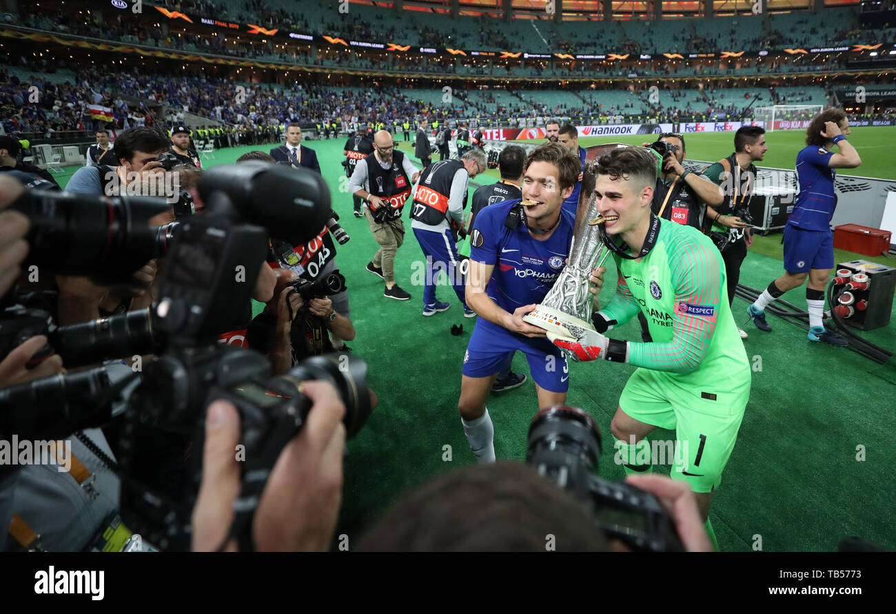 Chelsea's Marcos Alonso and Kepa Arrizabalaga celebrate with the trophy ...