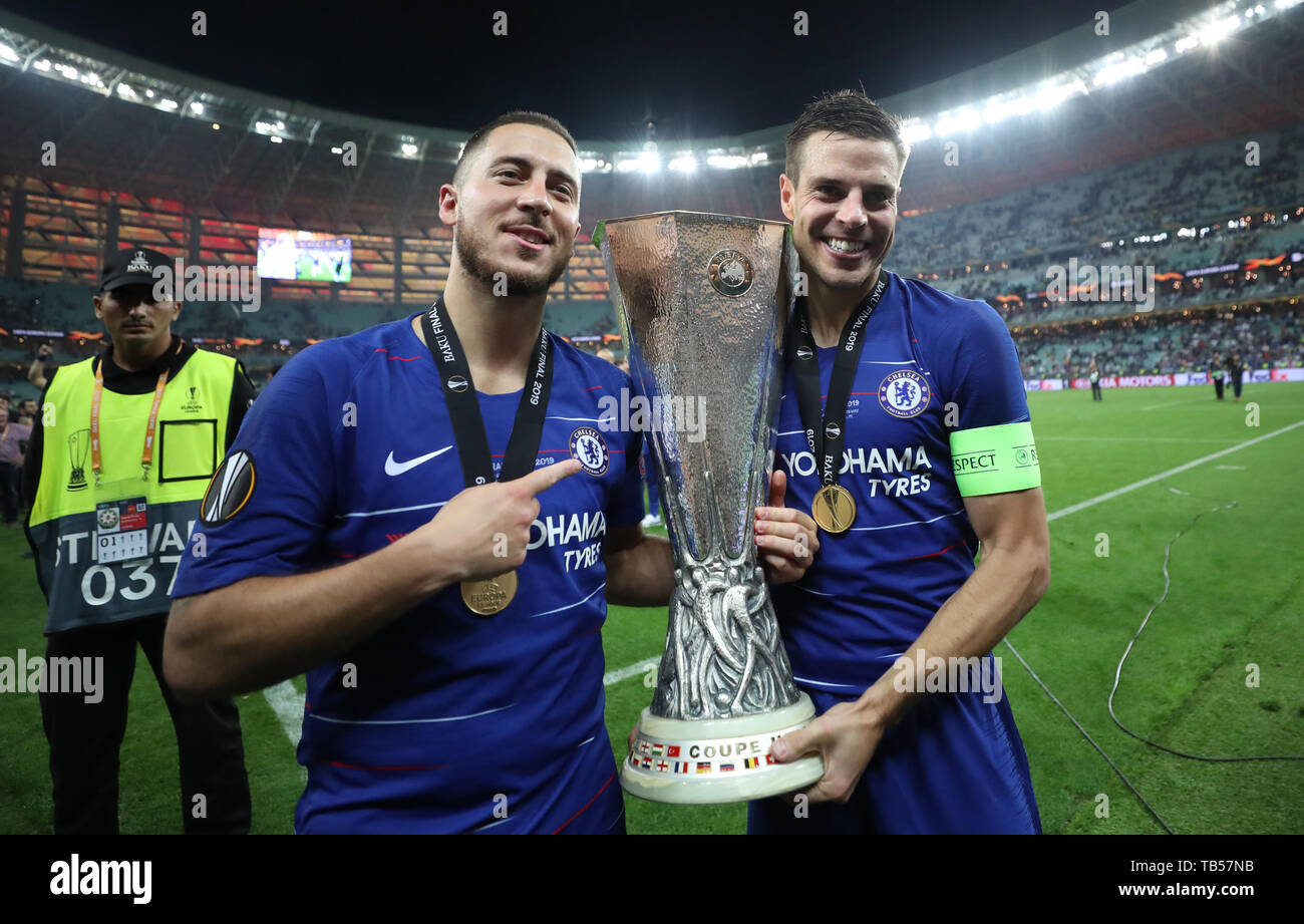 Chelsea's Eden Hazard (left) and Cesar Azpilicueta celebrate with the ...