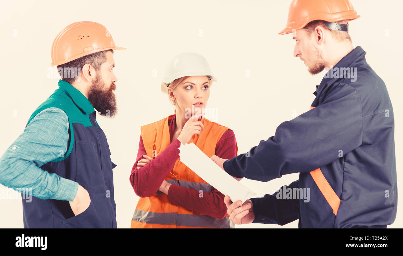 Solving problems concept. Builder and engineer found out how to solve ...