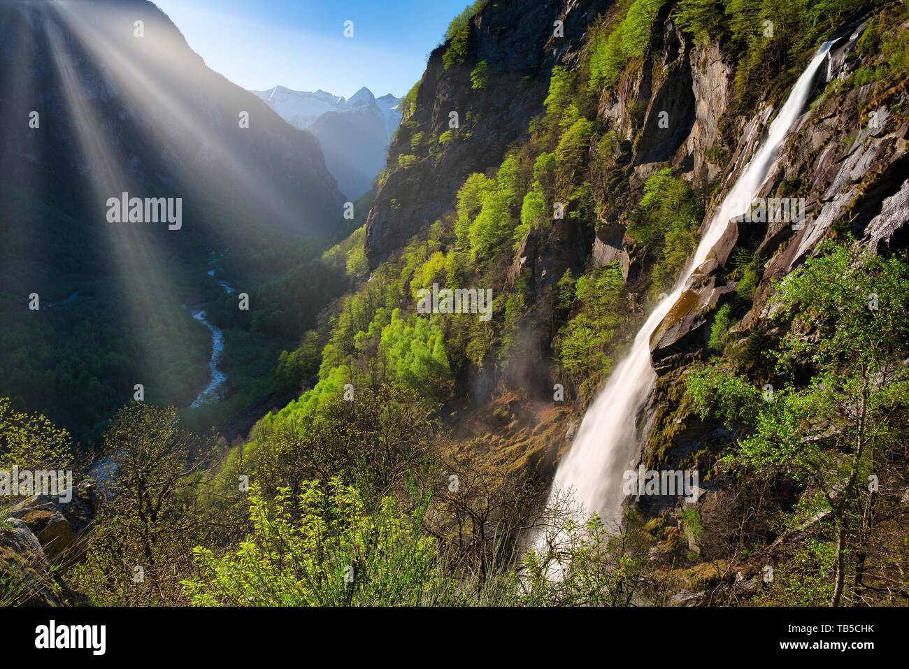 Waterfall with morning sun in Val Bavona, waterfall, Foroglio, Canton ...