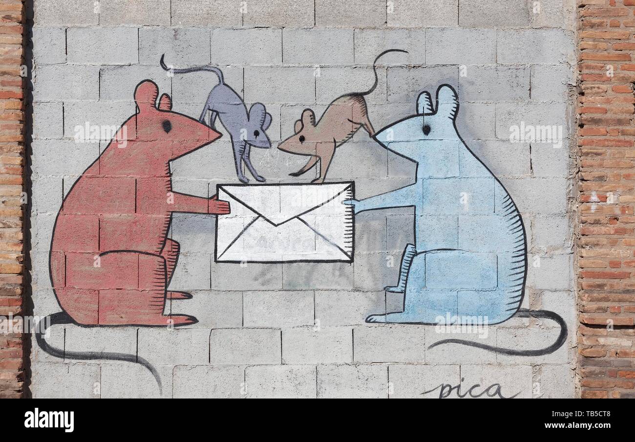 Graffiti, mice holding an envelope, street art, district El Cabanyal ...